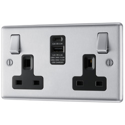BG Brushed Steel 13A Black Insert Switched Socket + A & C Type USB 2 ...