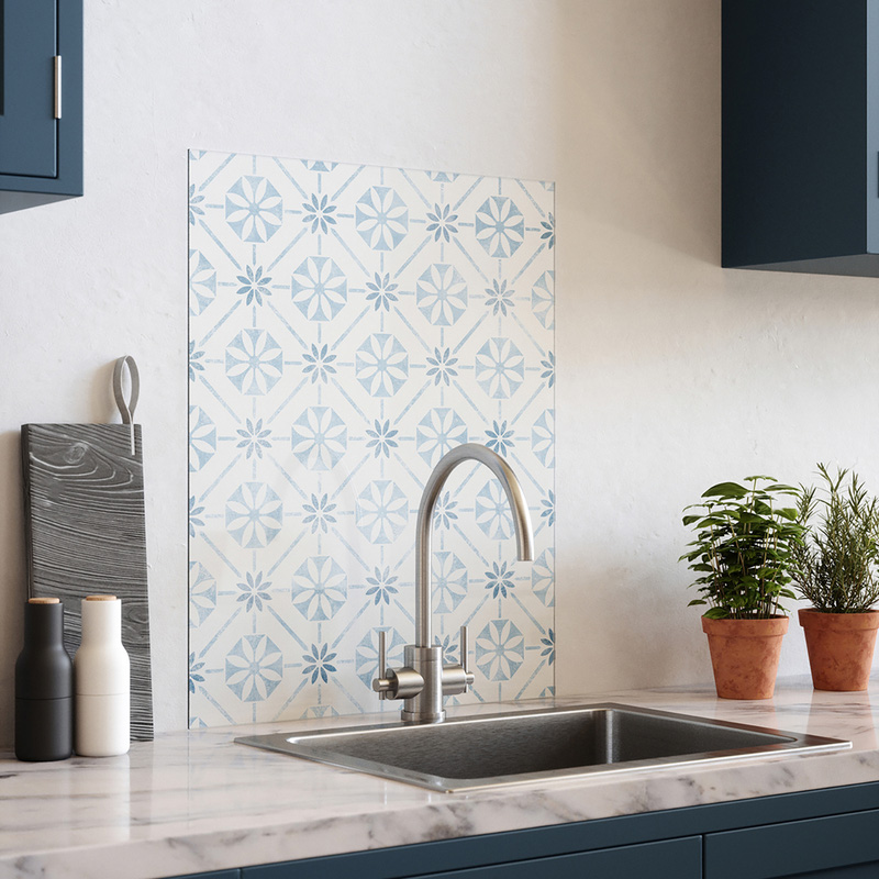 House Beautiful Heritage Sky Blue Self-Adhesive Glass Splashback 900 x ...