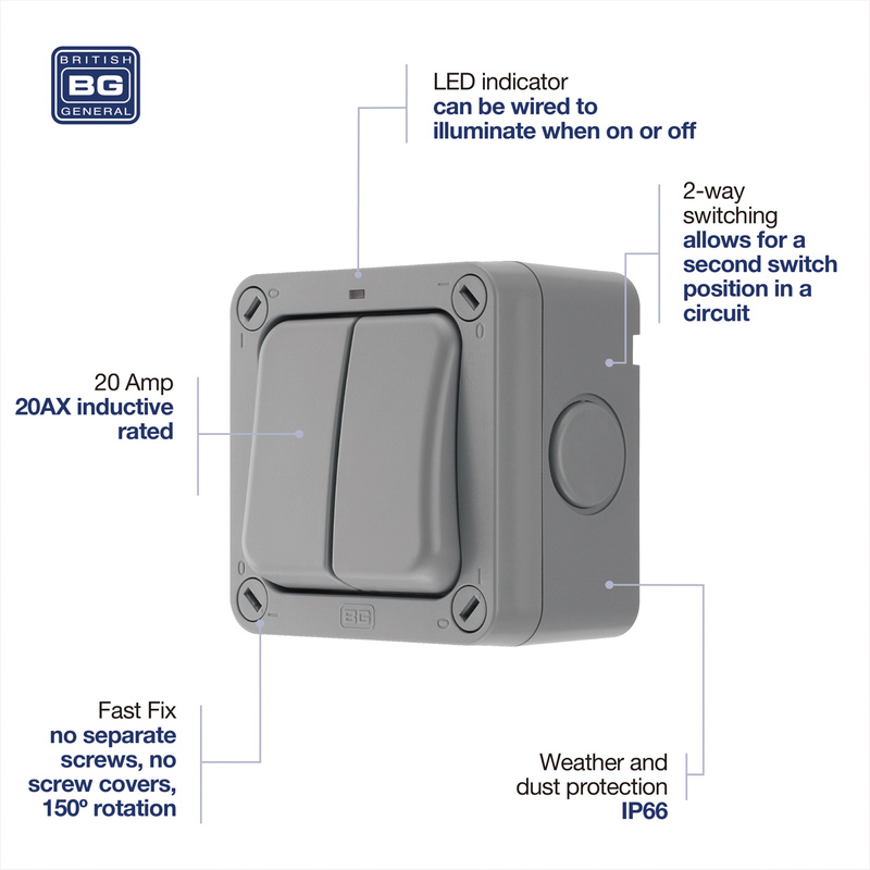 BG IP66 20A Switch 2 Gang 2 Way SP | Toolstation