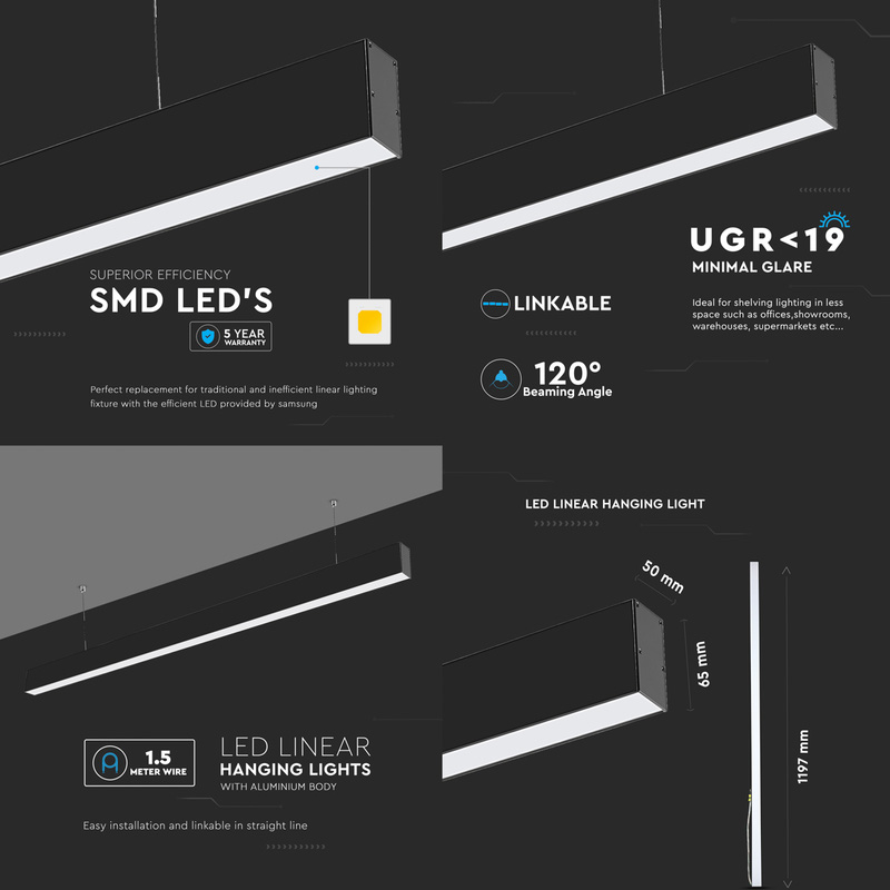 V-TAC IP20 LED Linear Hanging Light with Samsung Chip CCT adjustable ...