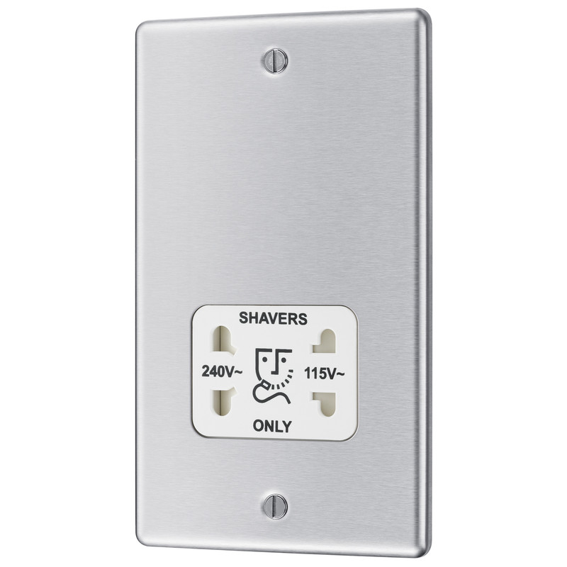 BG Brushed Steel Dual Voltage White Insert Shaver Socket | Toolstation
