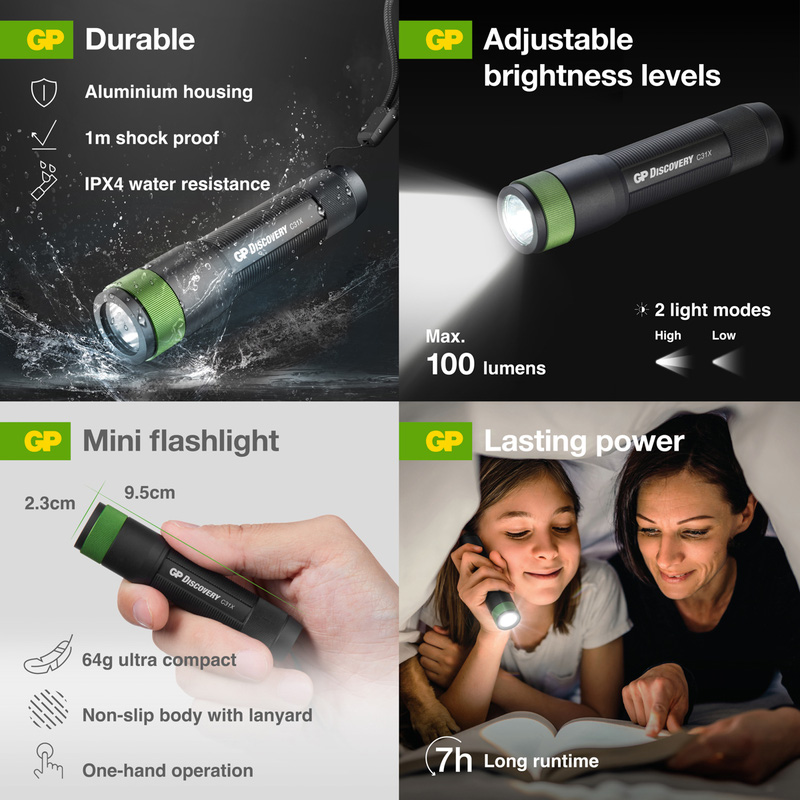 GP DISCOVERY C31X Twin Light LED Torch IPX4 100lm | Toolstation