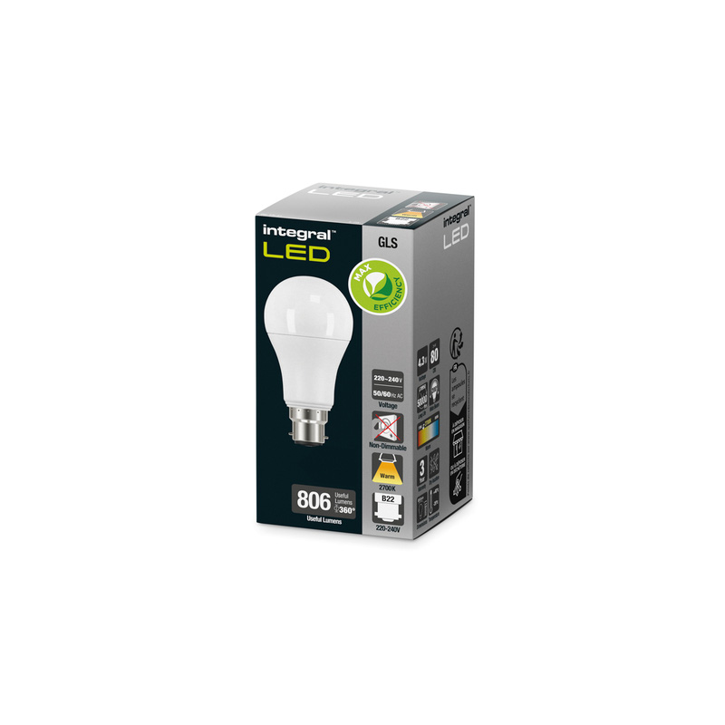 Integral LED Max Efficiency A60 GLS Bulb 4.3W 806lm BC 2700K | Toolstation